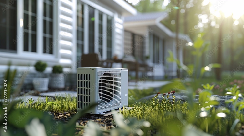 AC concept image with an air conditioning unit next to a house model to ...