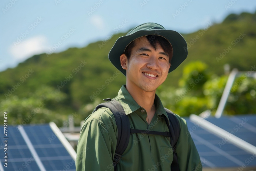 Smiley electronic engineer in green safety outfits and helmet stands in ...