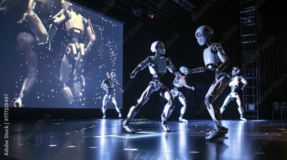 Robotic actors performing a play on stage with lifelike movements ...