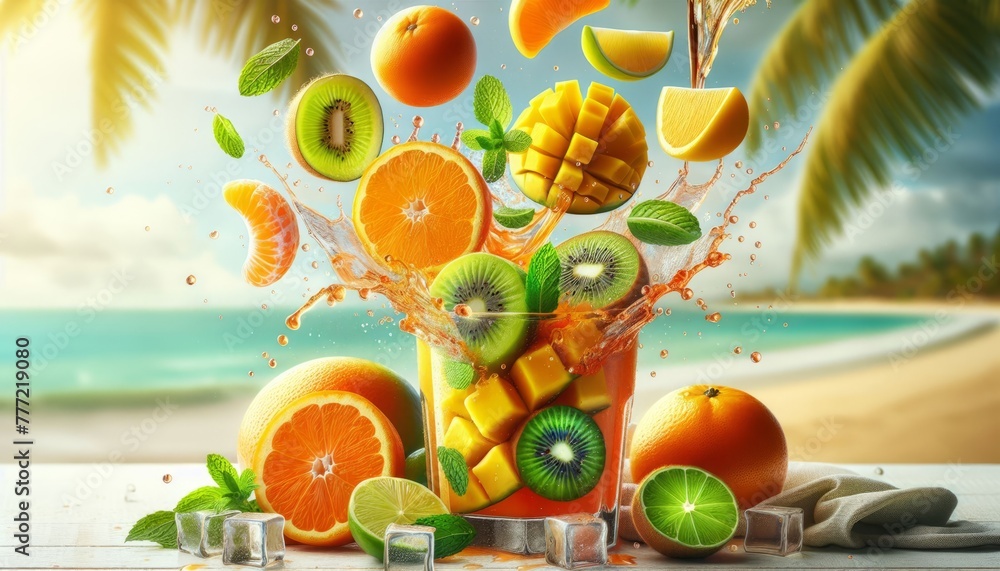 Bright tropical fruits fall into a glass with juice and drops of ...
