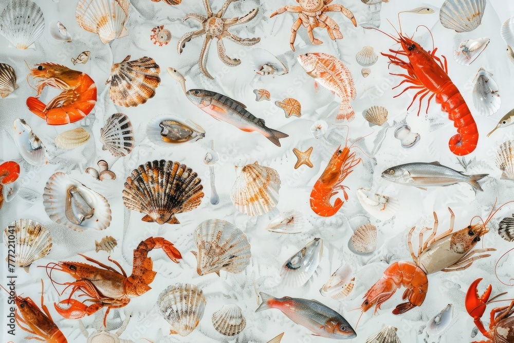 Radiant abstract seafood motifs, evoking the flavors of fresh fish and ...