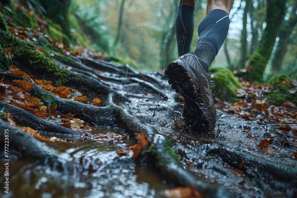 A detailed image capturing a hiker's boot stepping on a wet and muddy ...