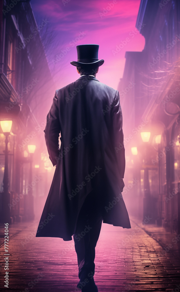 Amidst the foggy cityscape, a solitary silhouette cloaked in darkness ...