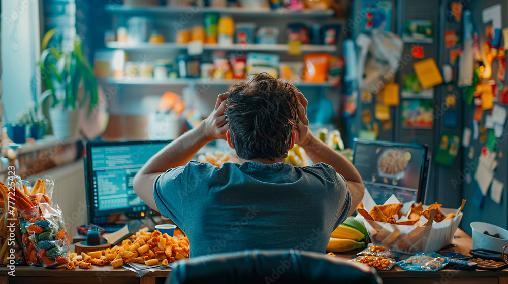 a man sitting at a desk cluttered with junk food wrappers, finding ...