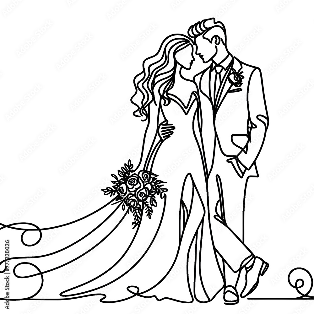 One line drawing illustration of lovely wedding ceremony, young married ...