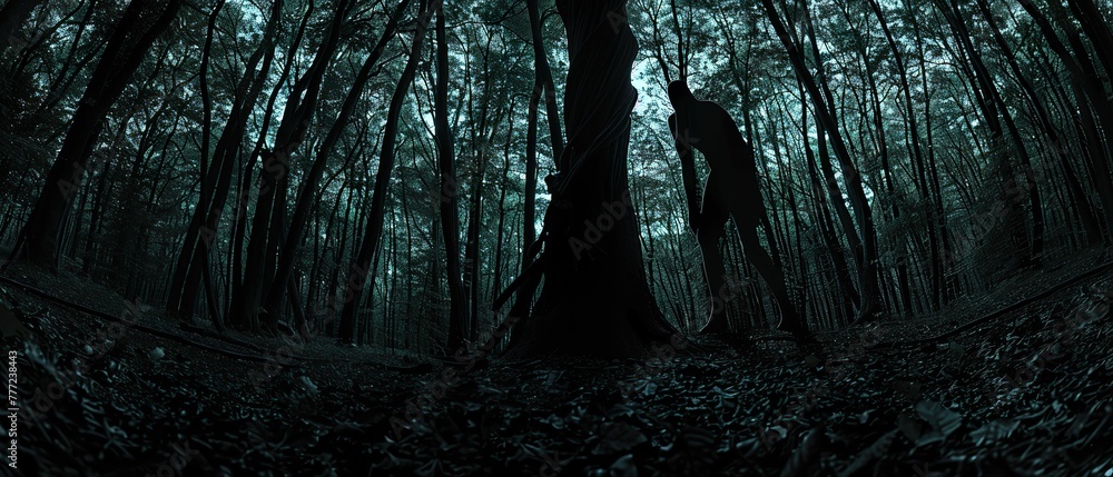 A twisted shadow, lurking in the depths of a dark forest, its form ...