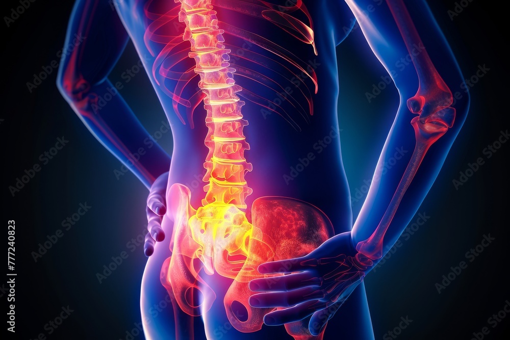 Illustration of a glowing spine and pelvis indicating lower back pain ...
