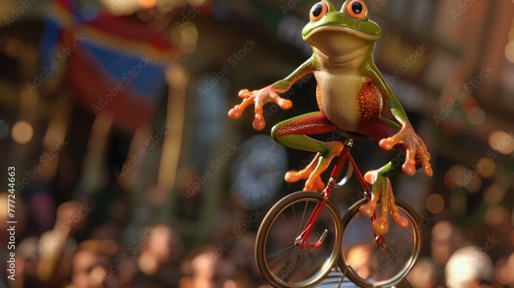 Balancing atop a unicycle, the cartoon frog showcases its circus skills ...