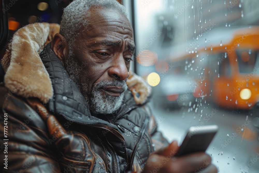 Elderly man with a concerned look using a smartphone on a bus ...