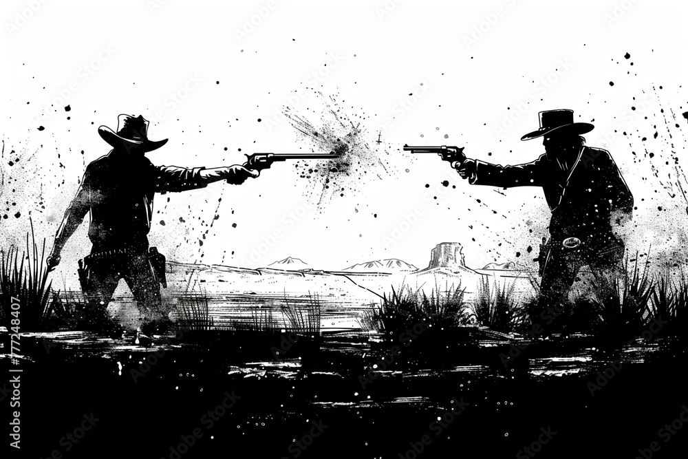 Wild West duel in minimalist ink style, dawn light, faceoff view, tense ...