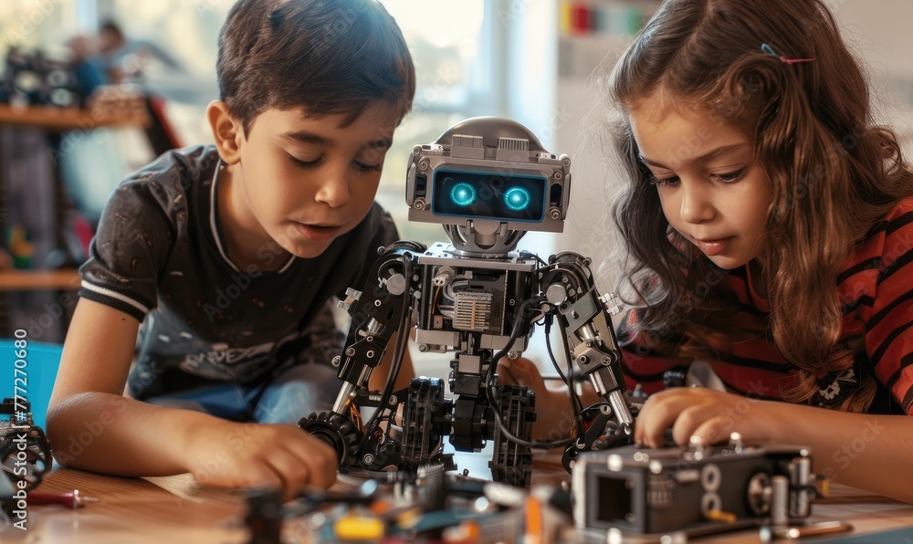 Cute children building robot together during engineering class at ...