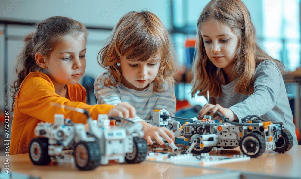 Cute children building robot together during engineering class at ...