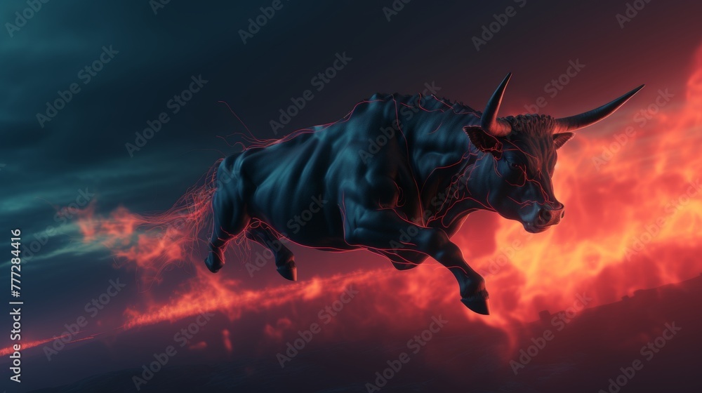 Red Fire Bull, sparks fly from under the hooves, bull galloping across ...
