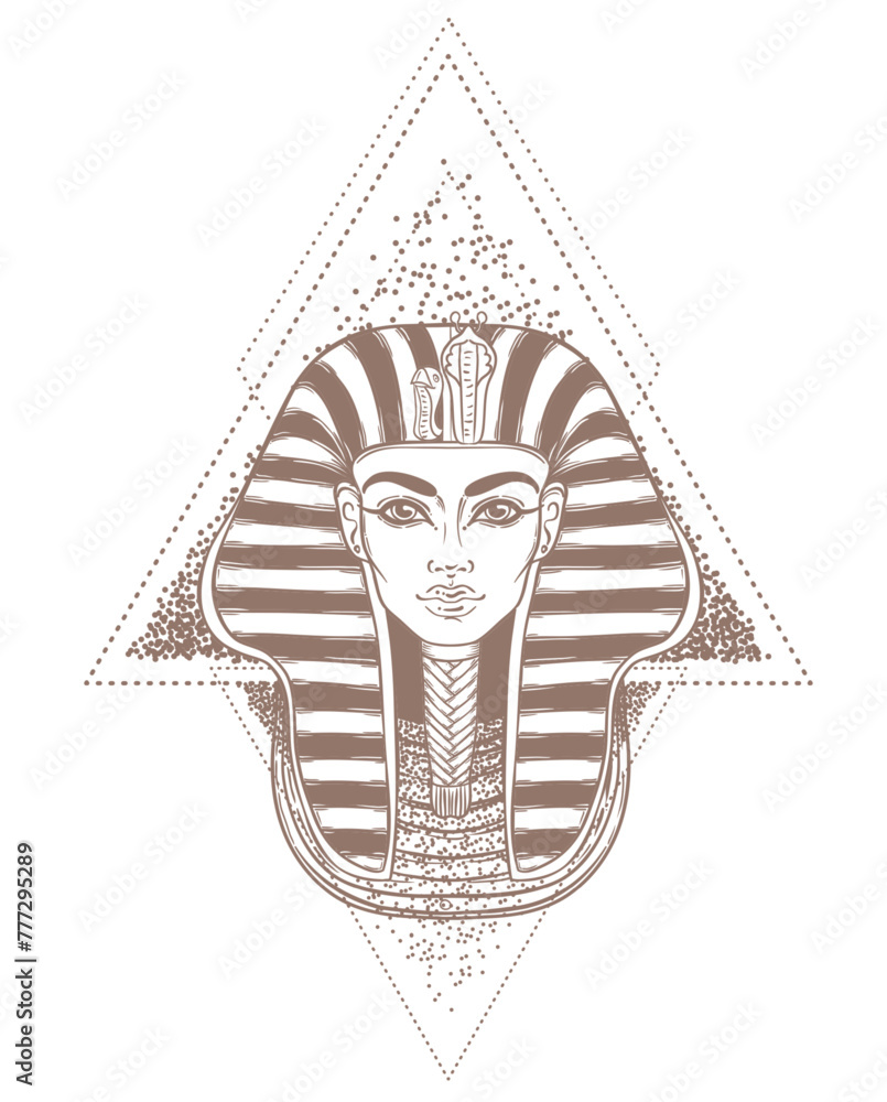 King Tutankhamun mask, ancient Egyptian pharaoh. Hand-drawn vintage ...