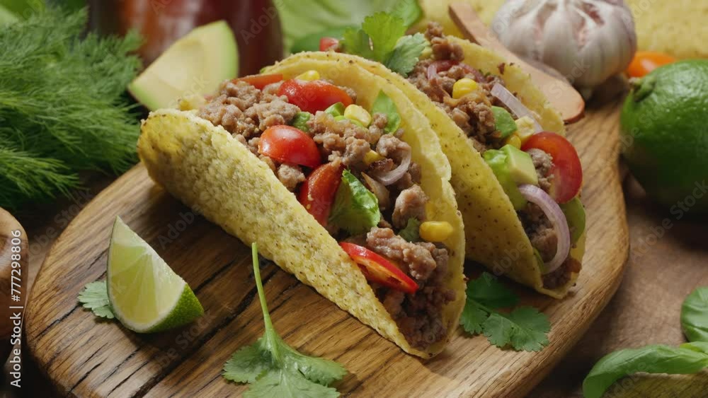 Vidéo Stock Two meet tacos on wooden board surrounded with fresh herbs ...