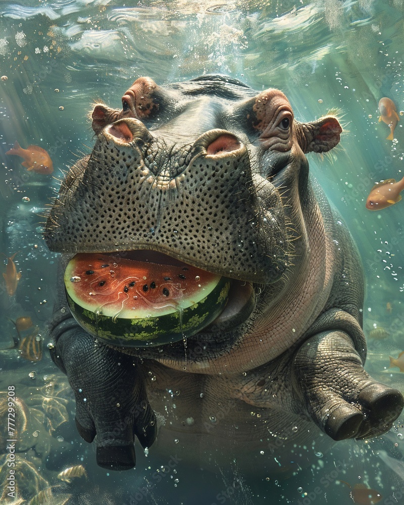 Delighted hippo underwater, fluffy, catching watermelon, oversized ...