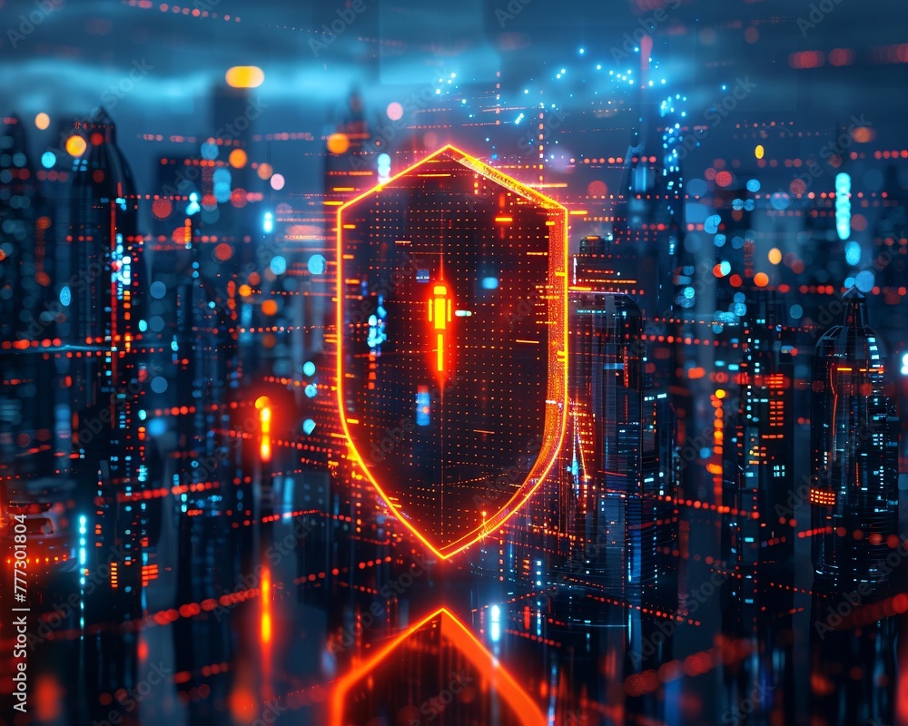 Virtual shield technology wrapping a smart city, neon cybersecurity ...