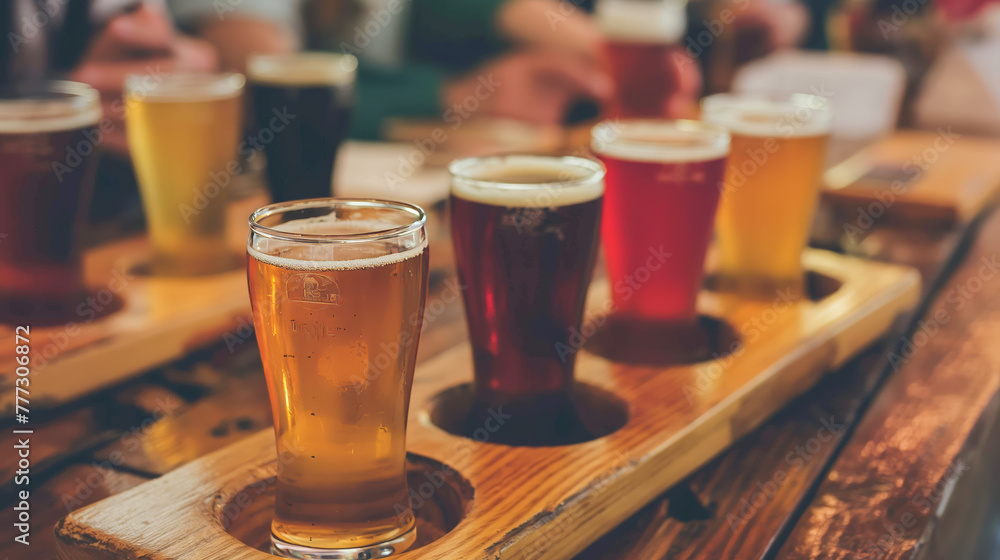 Craft beer enthusiast taking notes while doing a flight tasting of ...