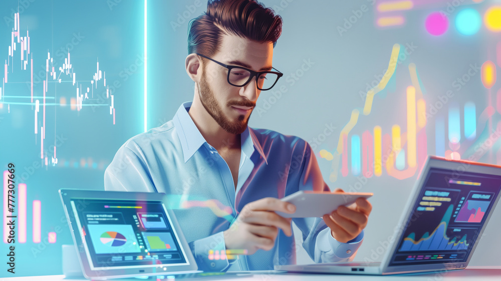 Trader Analyzing Real Time Data On Multiple Devices With Dynamic Graphs