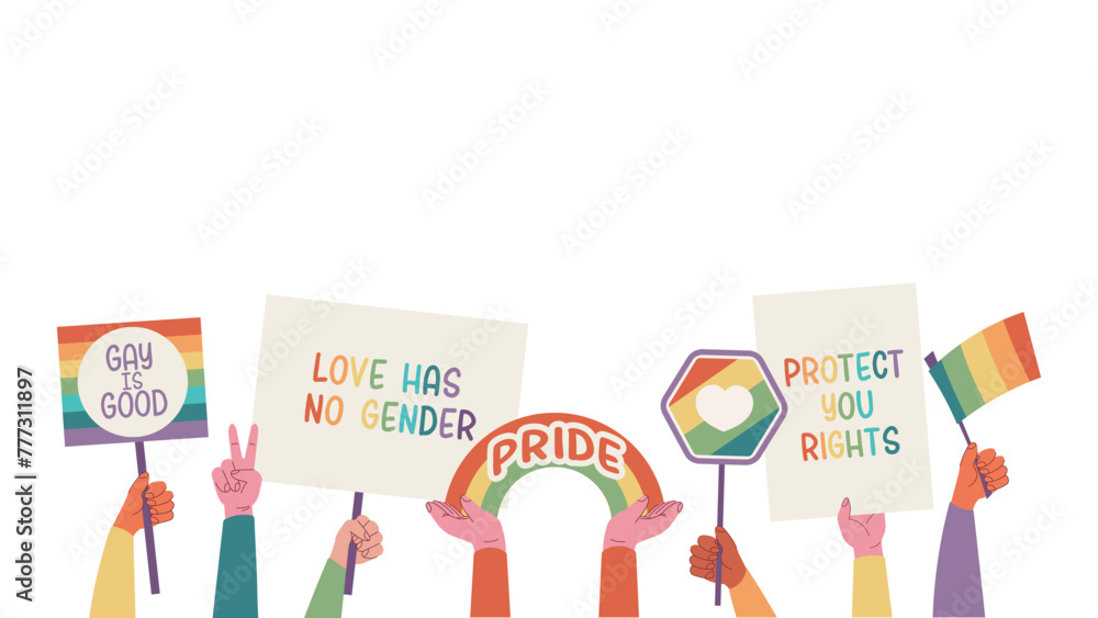 Banner, poster for Pride month. Hands holding signs and posters with ...