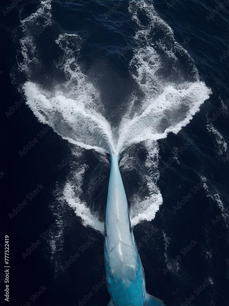 Bird's eye view of a big fish tail in the ocean, marine life, aquatic ...
