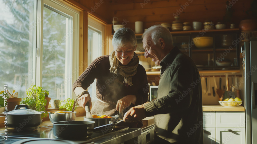 Smiling older couple cooking together in their kitchen filled with ...