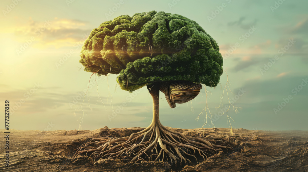 Brain with roots growing out, connecting to a network of trees ...