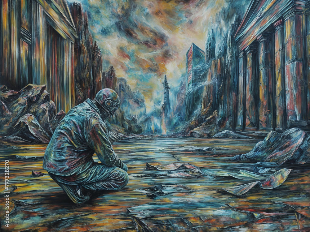 apocalypse illustration of a man with gas mask kneeling and a ruined ...