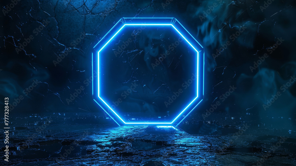 Dynamic neon octagon frame with rotating light effect, on a simple dark ...