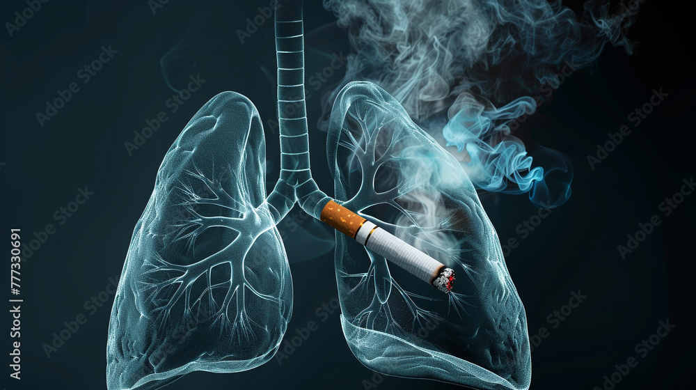Effect of smoking on human lungs: smoke from a cigarette enters the ...