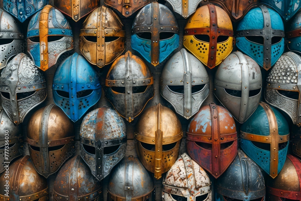 Foto de Variety of Medieval Knight Helmets Displayed in an Array ...