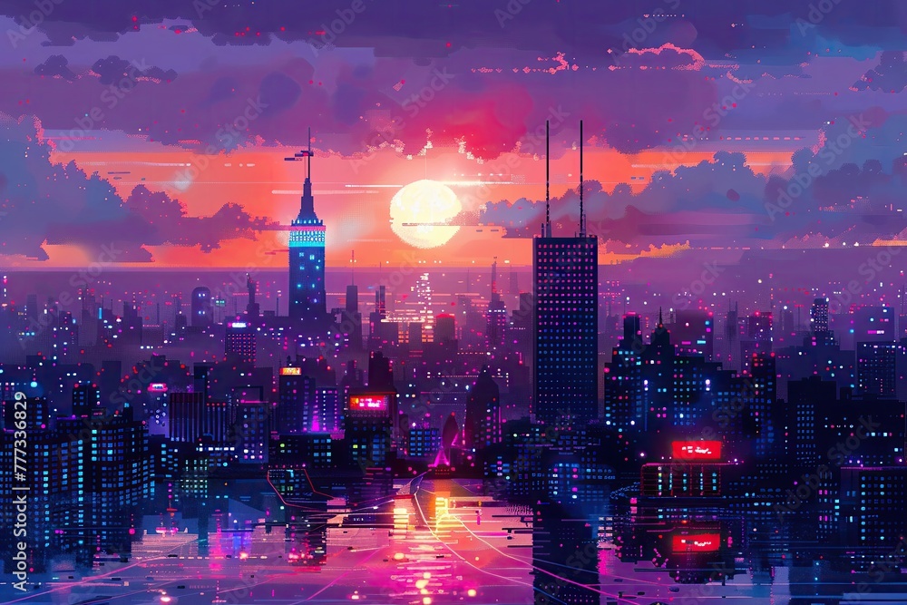 A pixel art cityscape inspired by 80s arcade games, neon lights, blocky ...