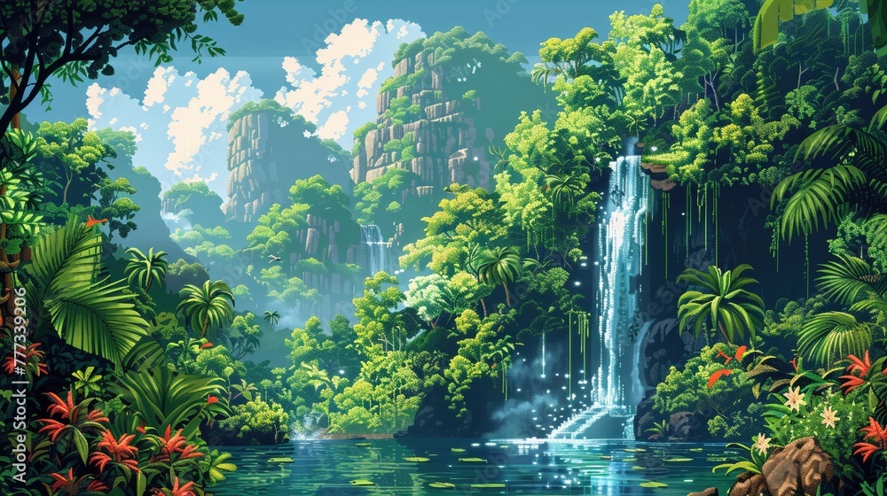 A vibrant pixel art landscape depicting a lush jungle, reminiscent of ...