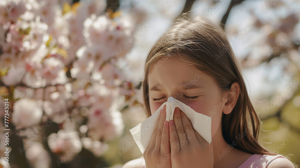 Girl sneezing into paper tissue, blooming trees in the background ...
