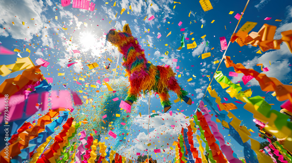 Colorful pinata in the shape of a donkey flying among confetti and ...