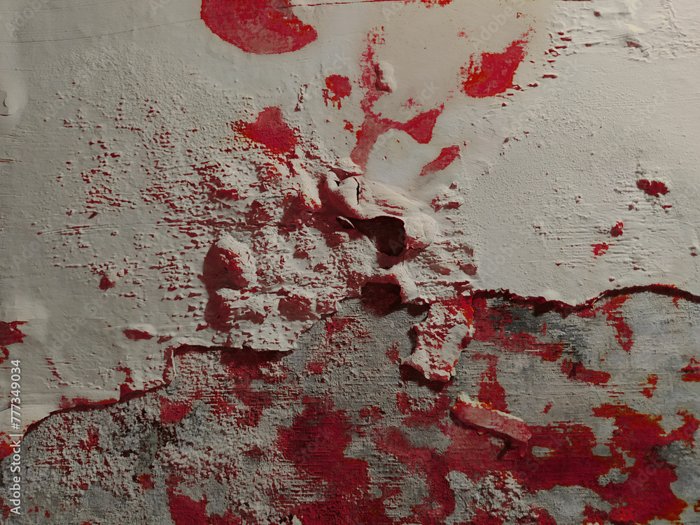 Vintage old wall with rough peeled and cracked paint, wet humid, fungus ...