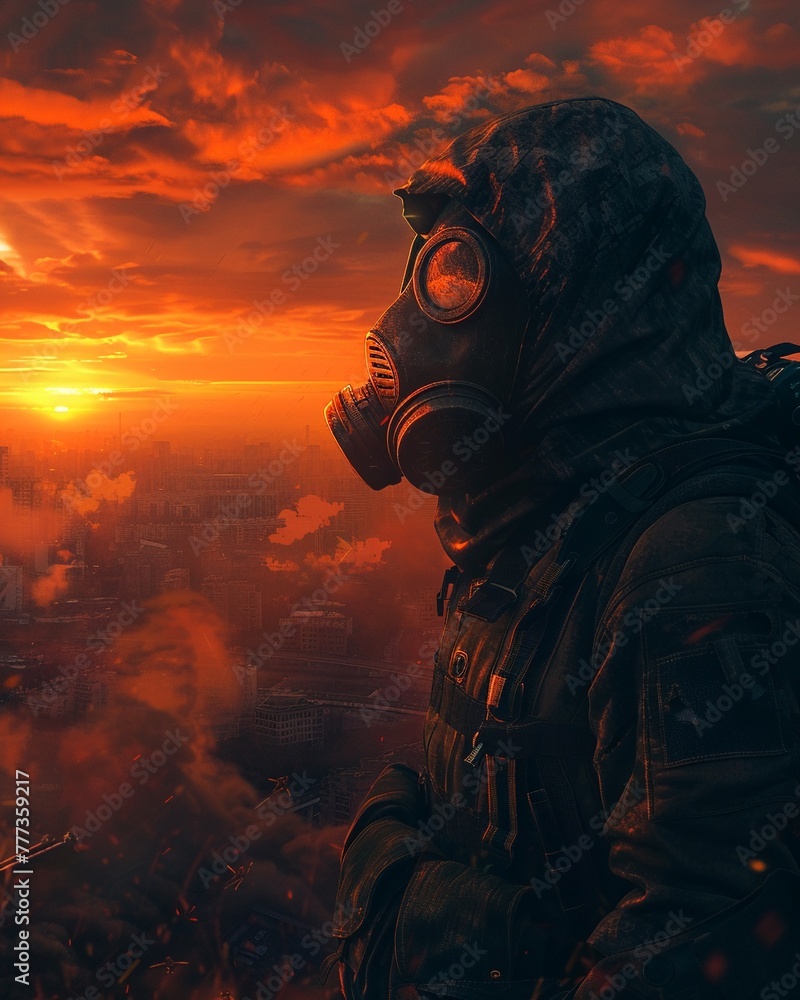 Animated commando, gas mask, urban ruins, wide angle, apocalyptic ...