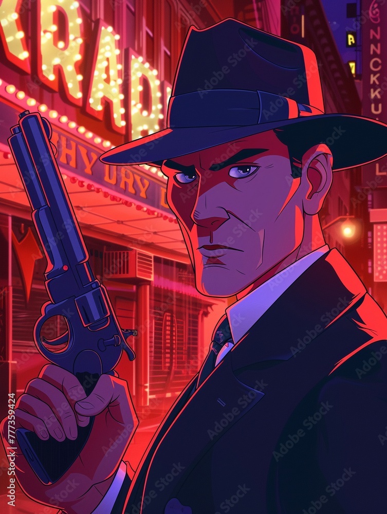 Cartoon mafiosi, black fedora, gun and rose, side angle, old theater ...