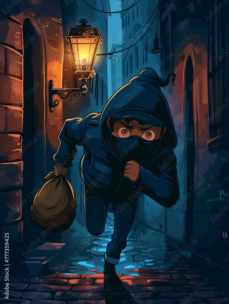 Cartoon thief with loot bag, running, backlit by street lamps ...