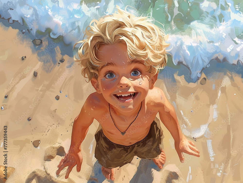 Pretty blond boy, laughing, high angle, beach background, clear, warm ...
