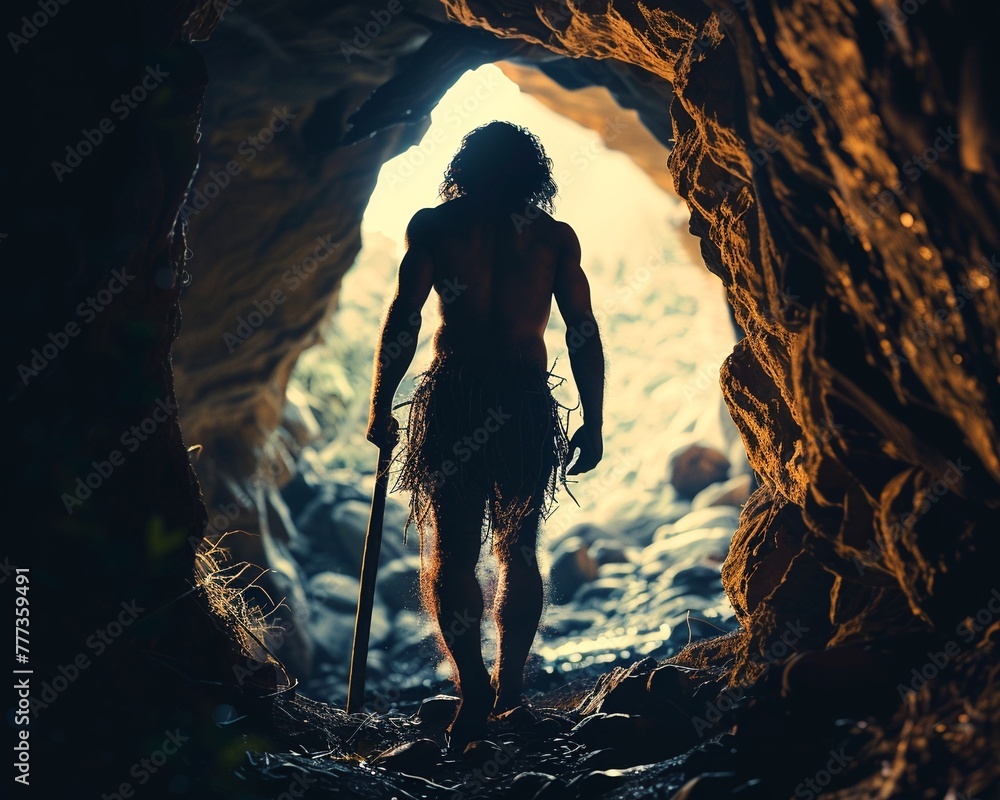 Stern prehistoric man, truncheon raised, high angle, cave entrance ...