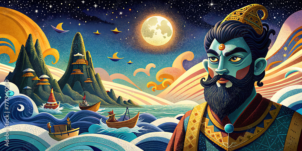 Moonlit sea with Sinbad the Sailor navigating treacherous waters amid ...