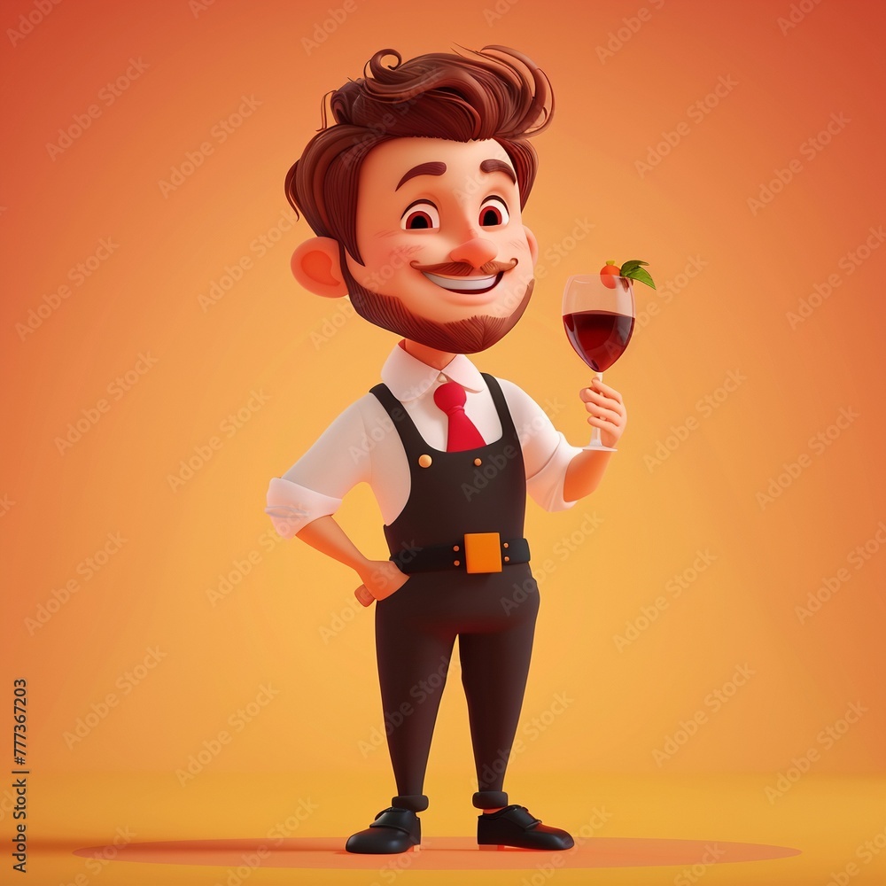Happy cartoon waiter with wine, dynamic angle, lively colors, digital ...
