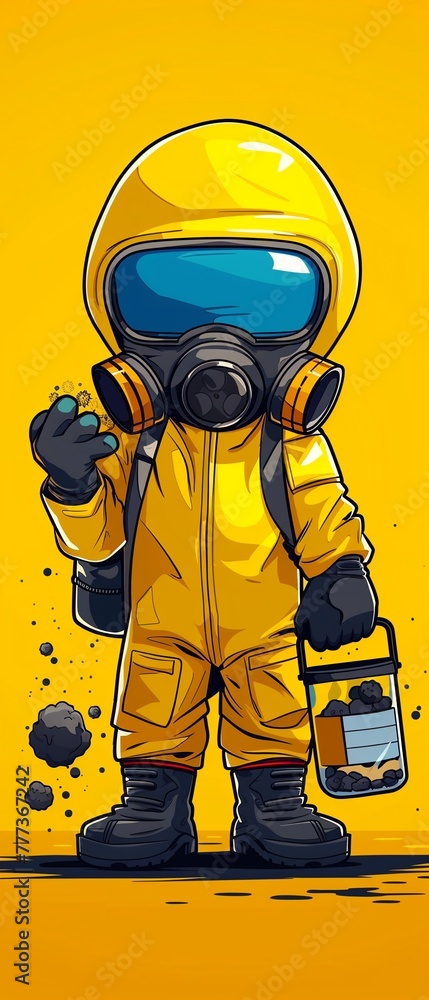 Hazmat cartoon character, holding uranium, birds eye view, bright lab ...