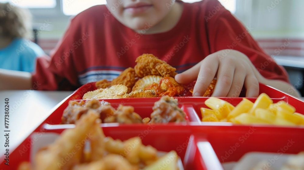 Child in school cafeteria with tray full of unhealthy food, focusing on ...