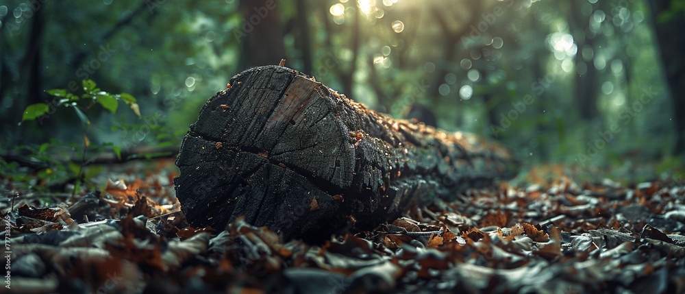The decay of fallen logs in a wild forest, embodying the natural cycle ...