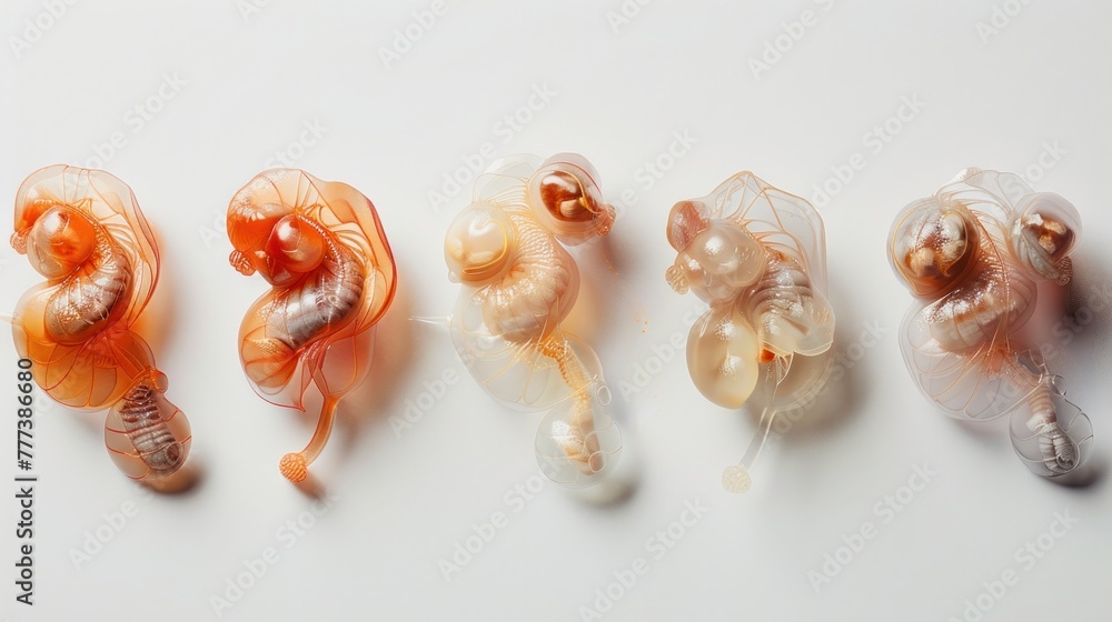 Five stages of human fetal development models arranged in a row on a ...