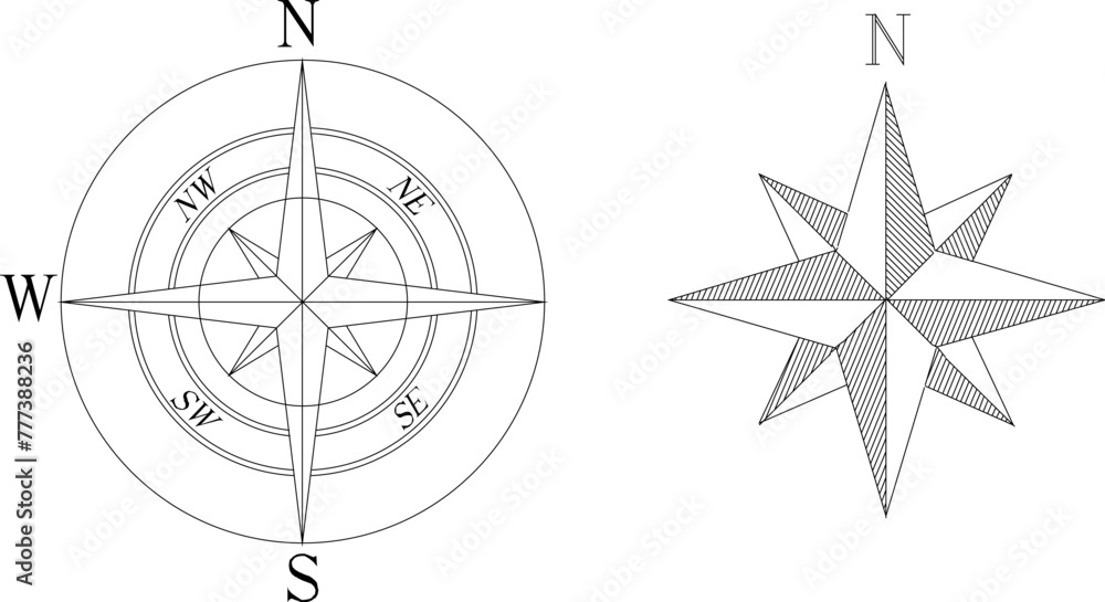 vector design sketch illustration, logo icon, compass symbol, cardinal ...