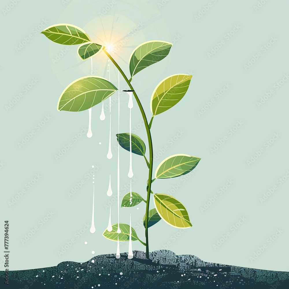 Watering olive saplings, infographic on growth stages, sunbeam through ...