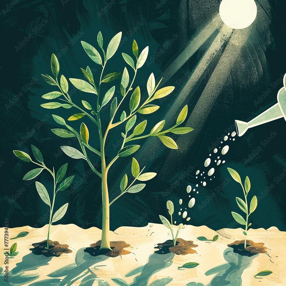 Watering olive saplings, infographic on growth stages, sunbeam through ...